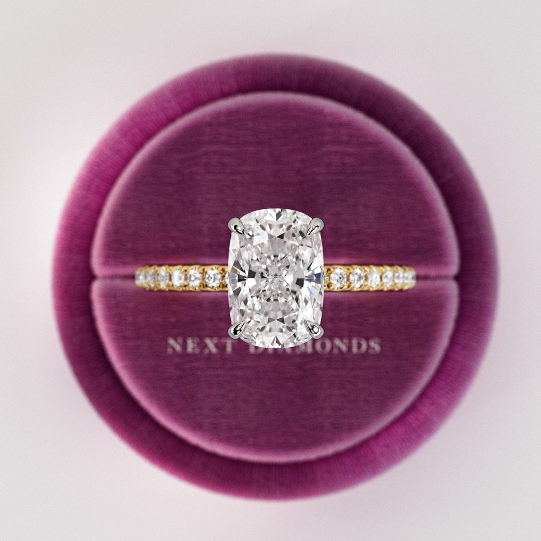 2 Carat Elongated Cushion Low Profile Engagement Ring / Hidden Halo Two ...