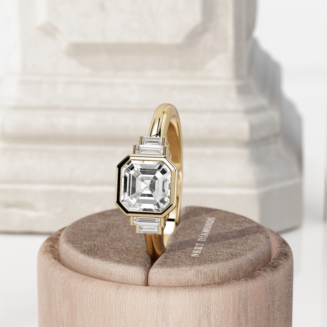 2 CT Asscher Cut Lab Grown Diamond Ring / Asscher Cut and Baguette ...