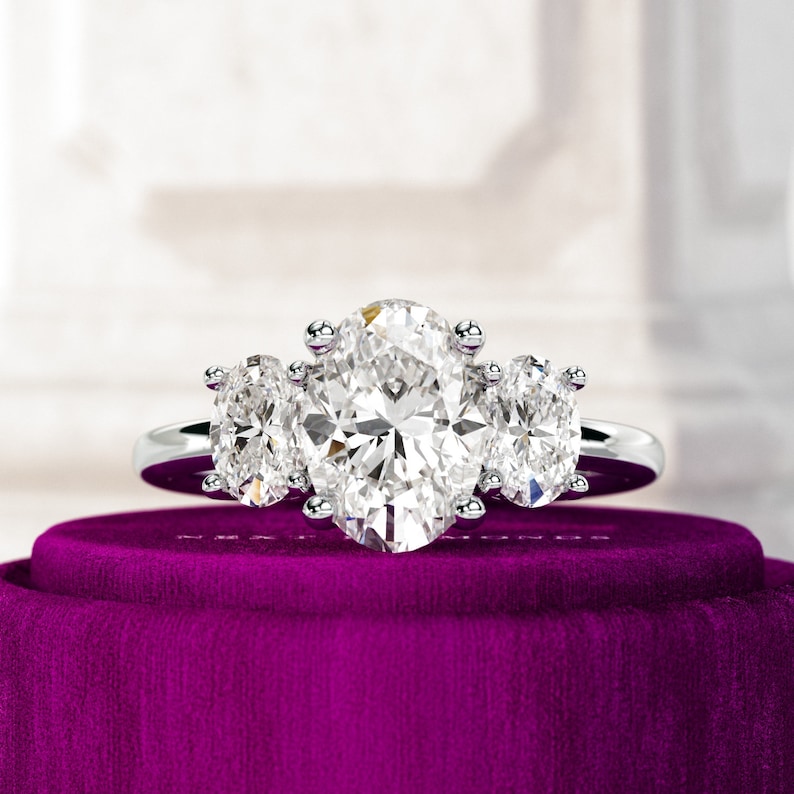 2.2 Carat Oval Lab Diamond Three Stone Engagement Ring / 14k White Gold ...