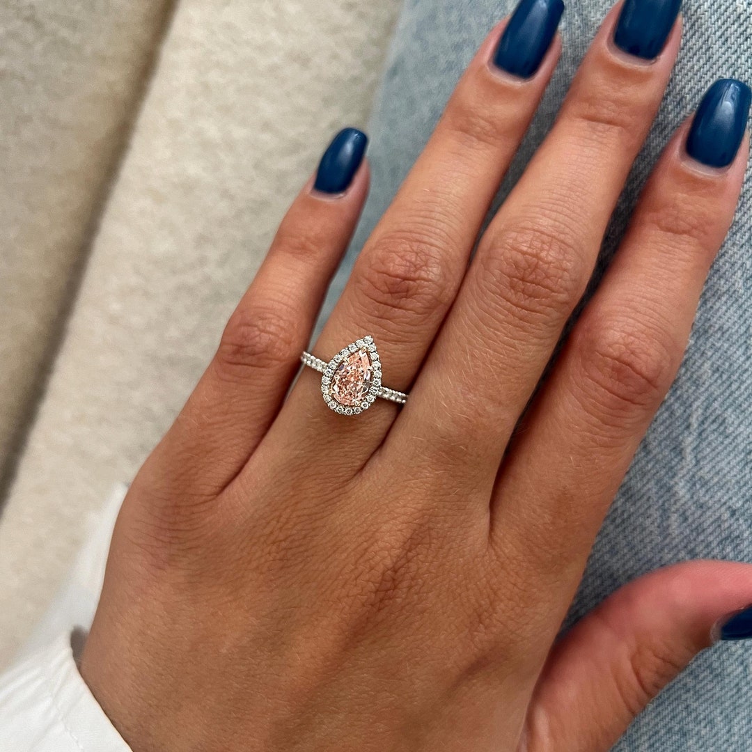 1 Carat Pear Fancy Intense Pink Lab Grown Diamond Halo Engagement Ring ...
