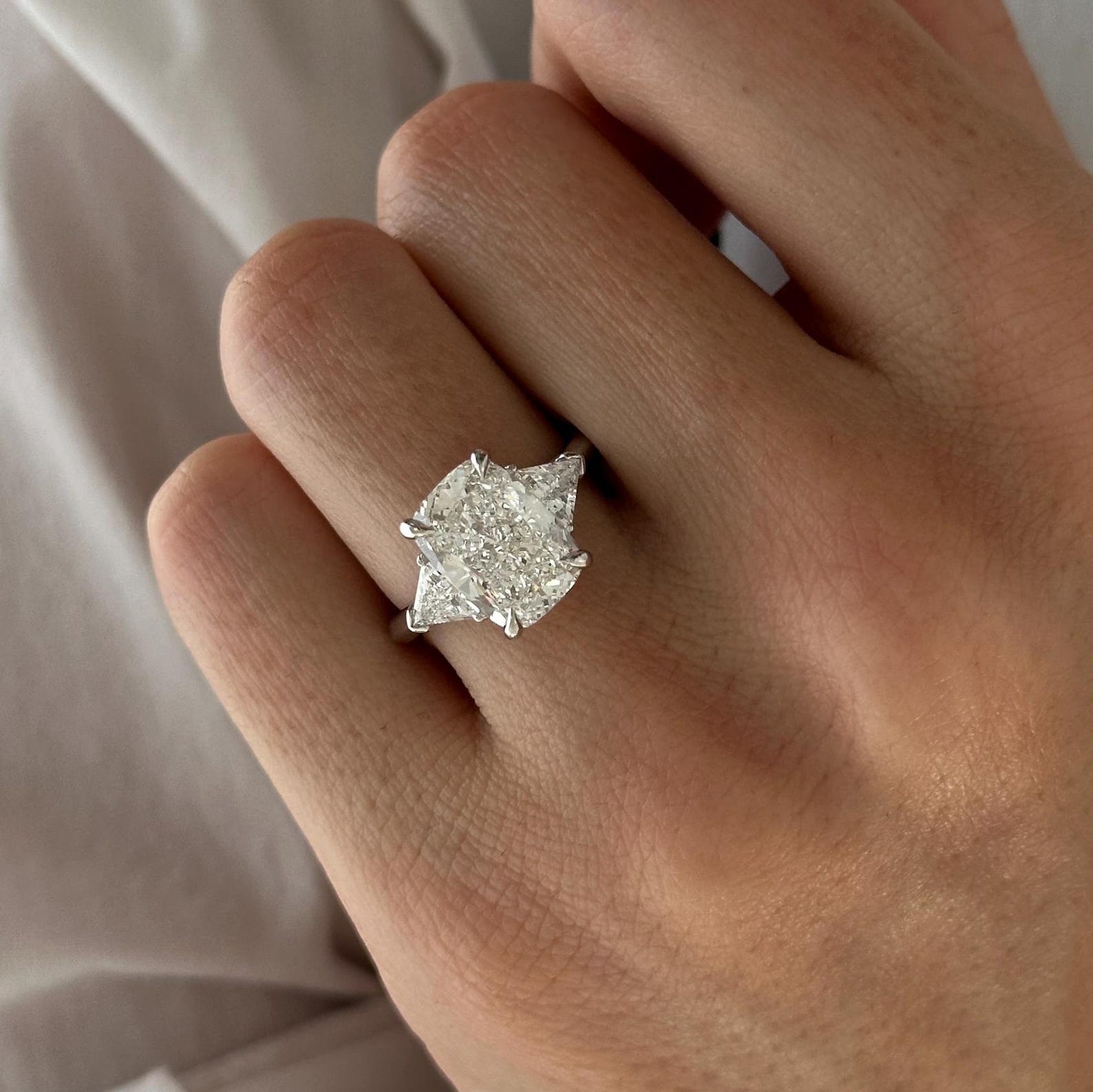 4 Carat Elongated Cushion Lab Grown Diamond Three Stone Engagement Ring ...