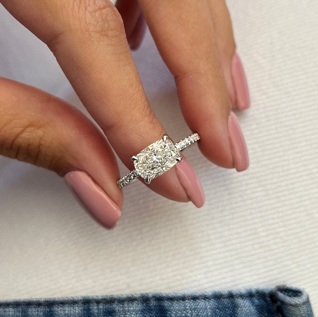 East West Engagement Ring / 2 CT Cushion Lab Grown Diamond Ring ...