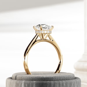 2 CT Oval Lab Grown Diamond Hidden Halo Engagement Ring in Yellow Gold / High Set Cathedral Ring ...