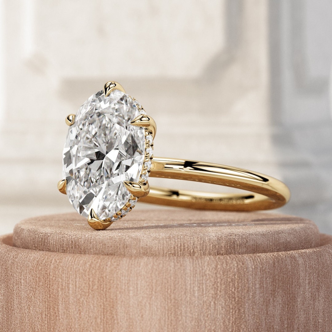3 Carat Oval Lab Grown Diamond Hidden Halo Engagement Ring / Dainty ...