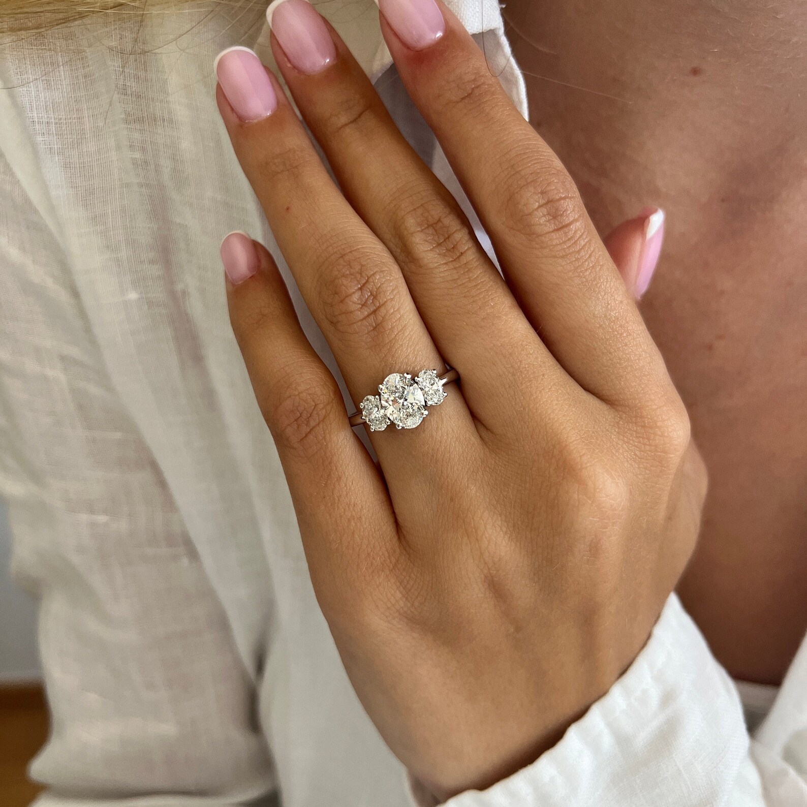 2.2 Carat Oval Lab Diamond Three Stone Engagement Ring / 14k White Gold ...