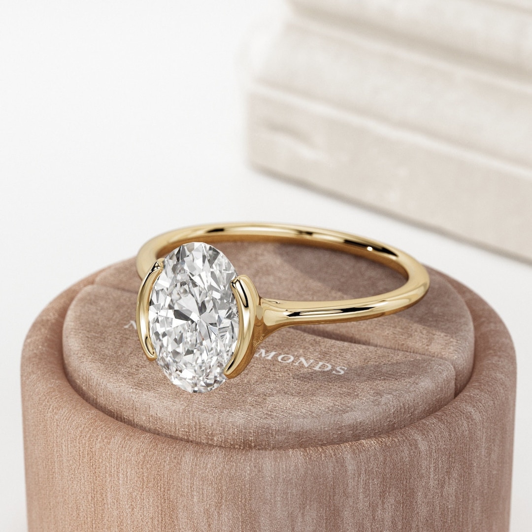 2 Carat Oval Lab Grown Diamond Ring / Half Bezel Set Engagement Ring ...