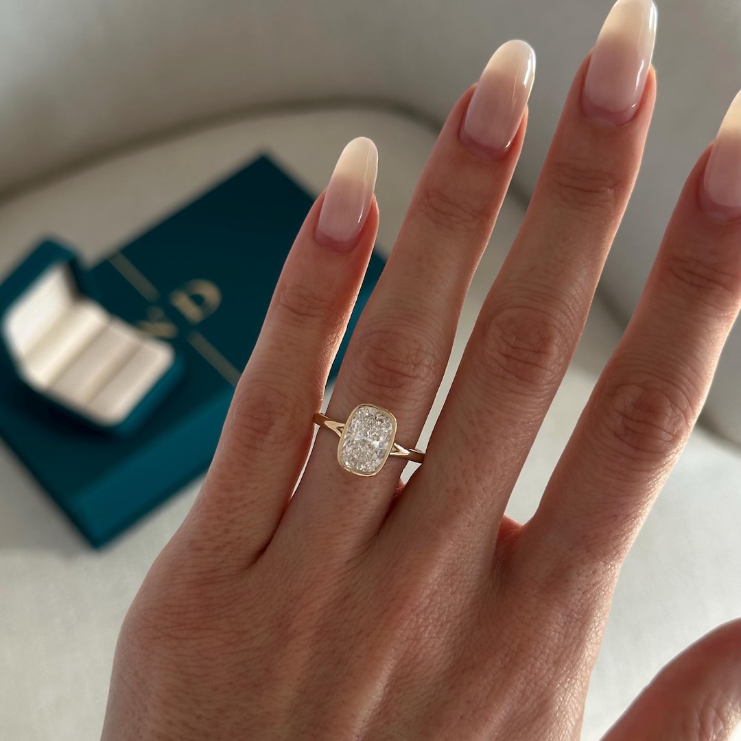 3 Carat Elongated Cushion E VS1 Lab Grown Diamond Bezel Set Ring / Delicate Split Shank ...