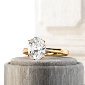 2 CT Oval Lab Grown Diamond Hidden Halo Engagement Ring in Yellow Gold / High Set Cathedral Ring ...