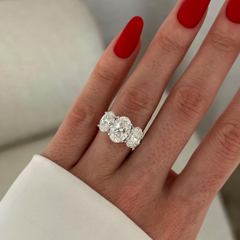 5 Carat Oval Lab Grown Diamond Three Stone Engagement Ring: 14k White ...