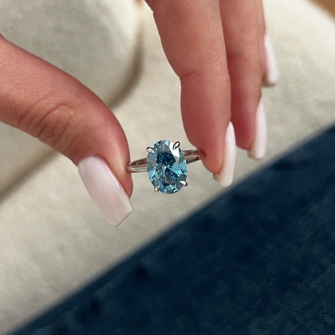 3 Carat Oval Fancy Vivid Blue Diamond Engagement Ring / Blue Lab Grown ...