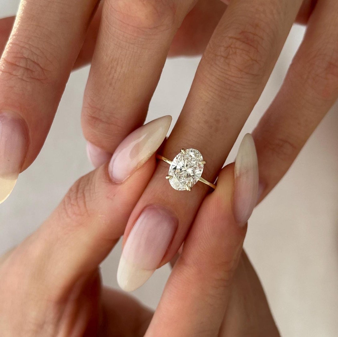 2 Carat Oval Lab Grown Diamond Thin Engagement Ring / Dainty 1.3MM ...