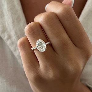 3 Carat Elongated Oval E VVS2 Lab Grown Diamond Hidden Halo Engagement ...