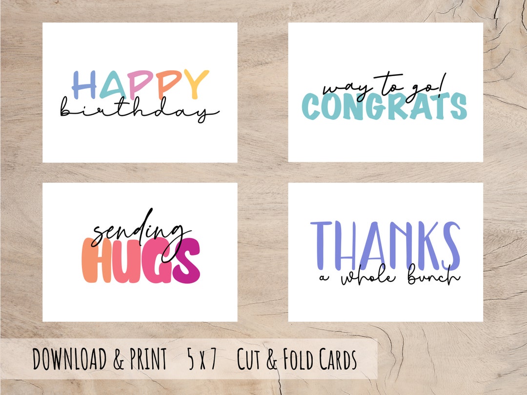 Printable Greeting Card Bundle: Birthday, Thanks, Congrats, Hugs (PDF ...