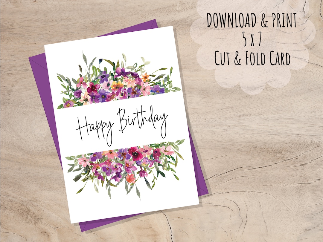 Floral Happy Birthday Card: Purple Flowers, 5x7 Printable (PDF) - Etsy