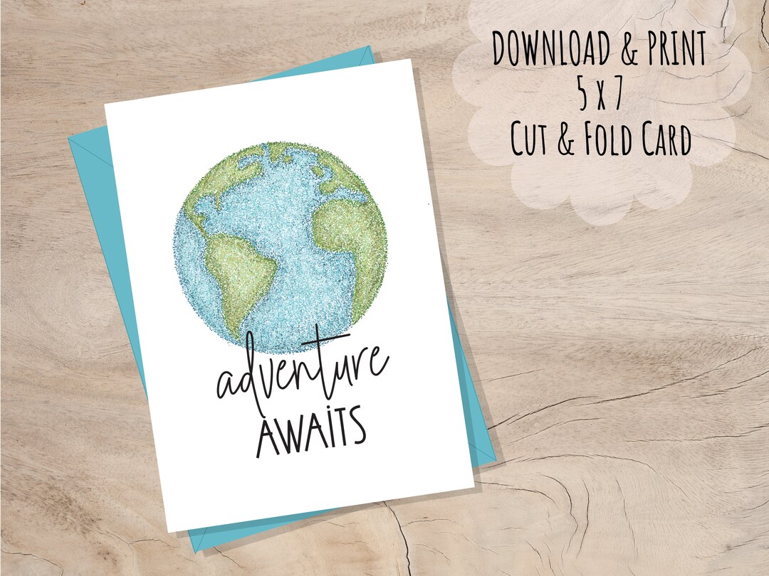 PRINTABLE Adventure Awaits Card, INSTANT DOWNLOAD, Colorful Globe, World Map 5x7 Graduation, Bon ...