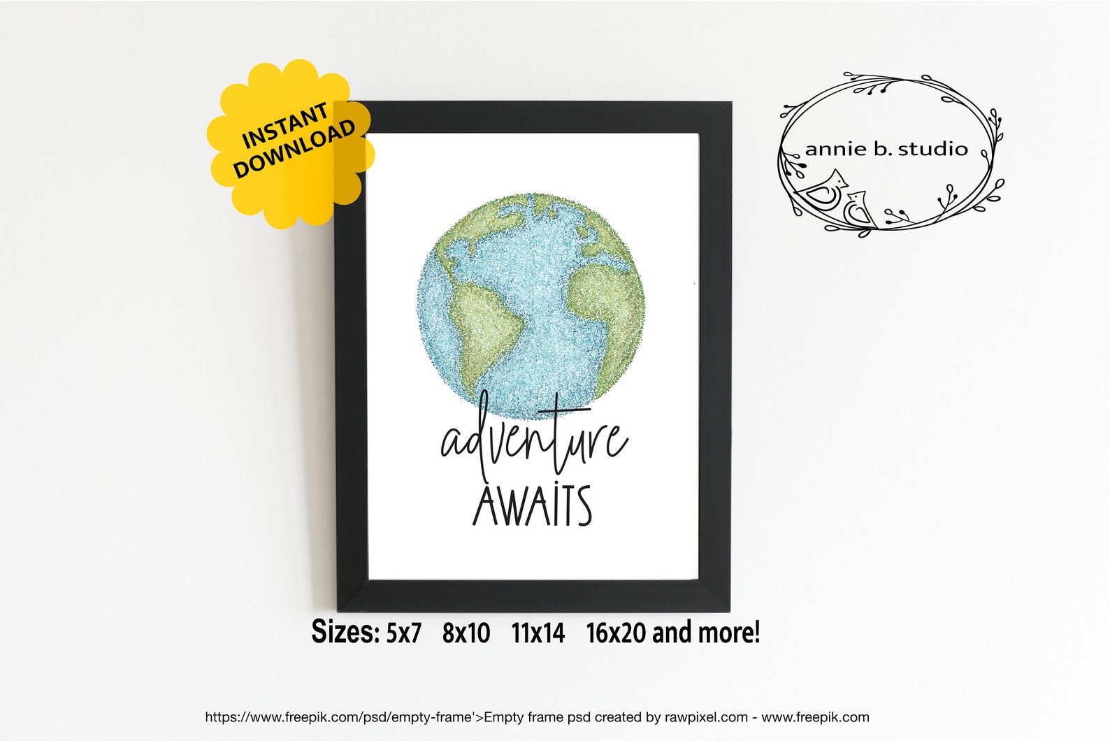Adventure Awaits Printable, Hand Drawn Earth, Travel Quote Wall Art ...
