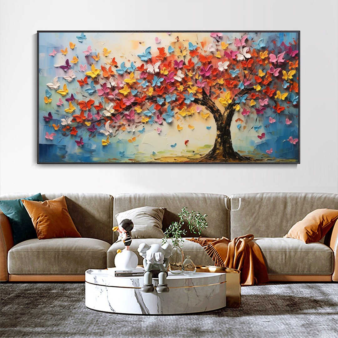 Large Original Abstract Tree of Life Oil Painting Colorful Butterfly ...