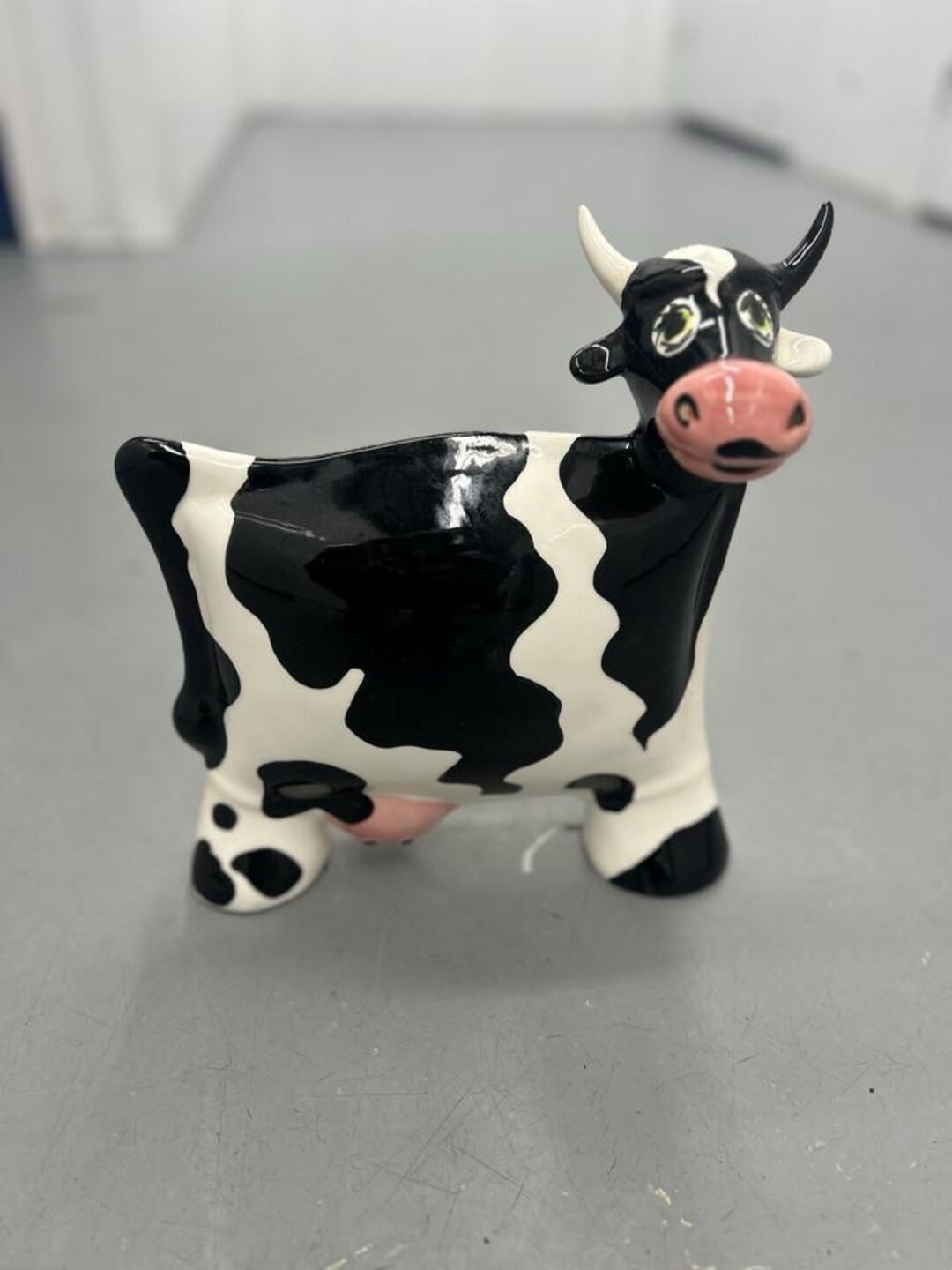 Turov Pottery Ceramic Black & White GREEN Eye Cow Country Farm 11.25 In ...