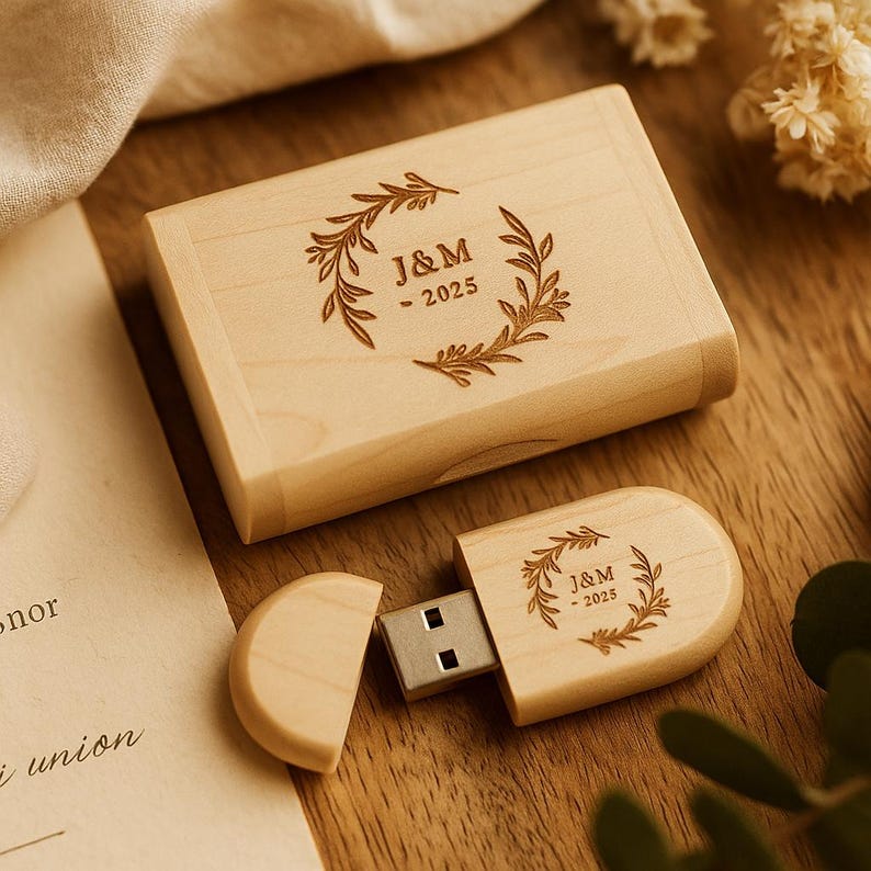 Personalized Wooden USB With Box Custom Logo, Name & Date Photo Storage ...