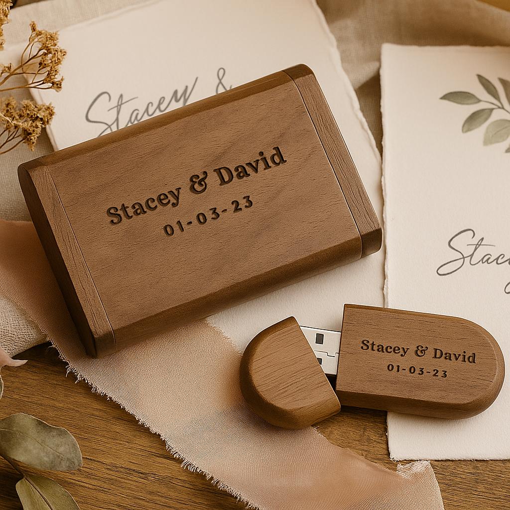 Personalized Wooden USB With Box Custom Logo, Name & Date Photo Storage ...