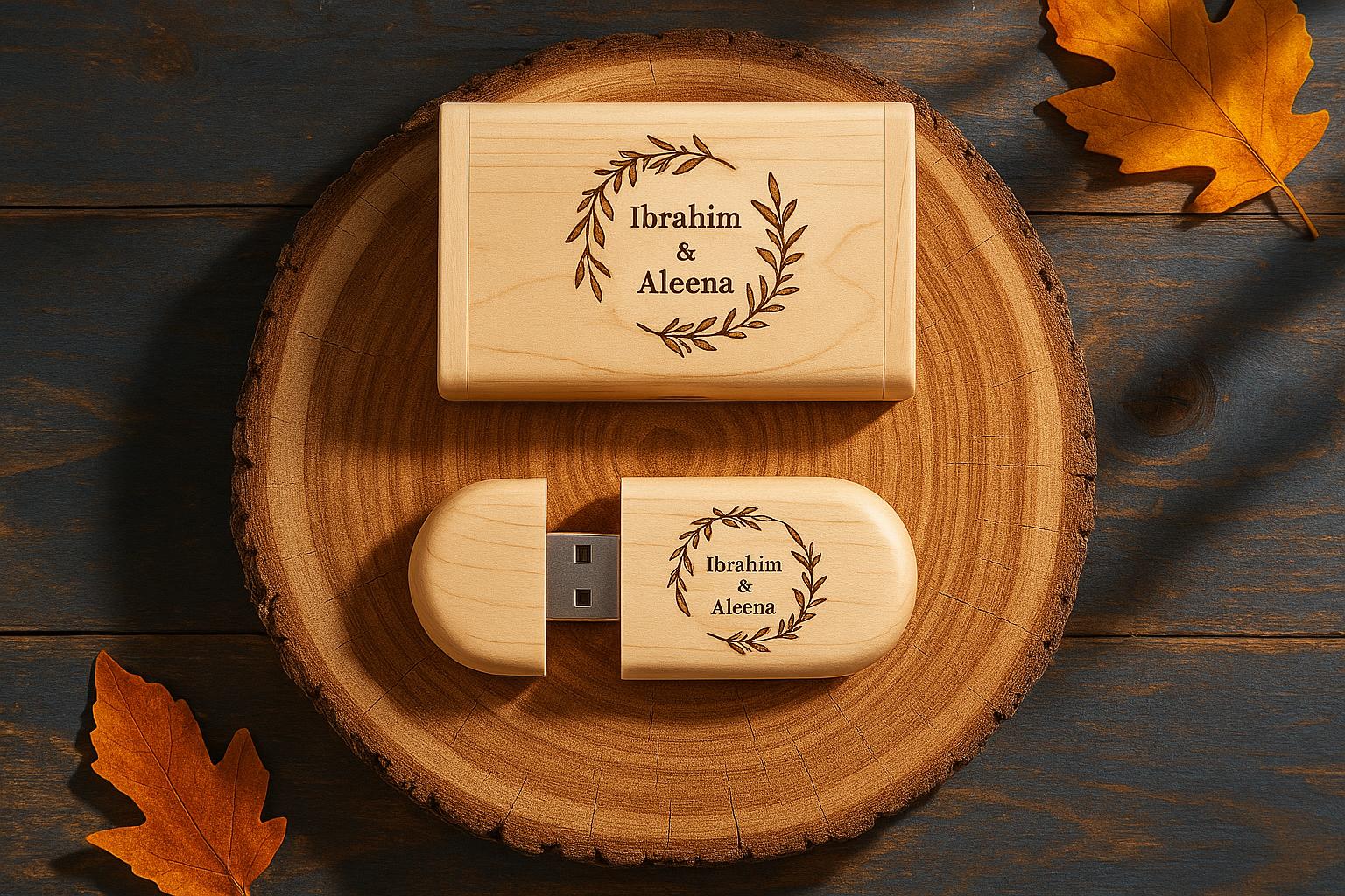 Personalized Wooden USB With Box Custom Logo, Name & Date Photo Storage ...