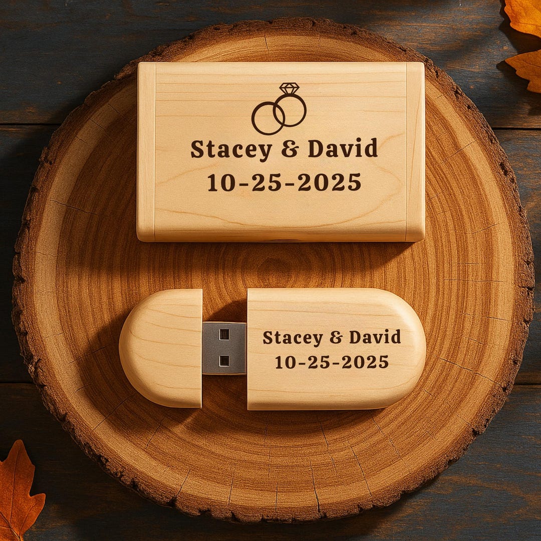 Wooden USB With Box Personalized Engagement Couple Name & Date Photo ...