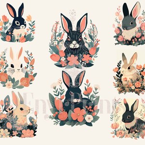 Eight Rabbits and Flowers Clipart Bundle PNG Cute Botanical Bunnies ...