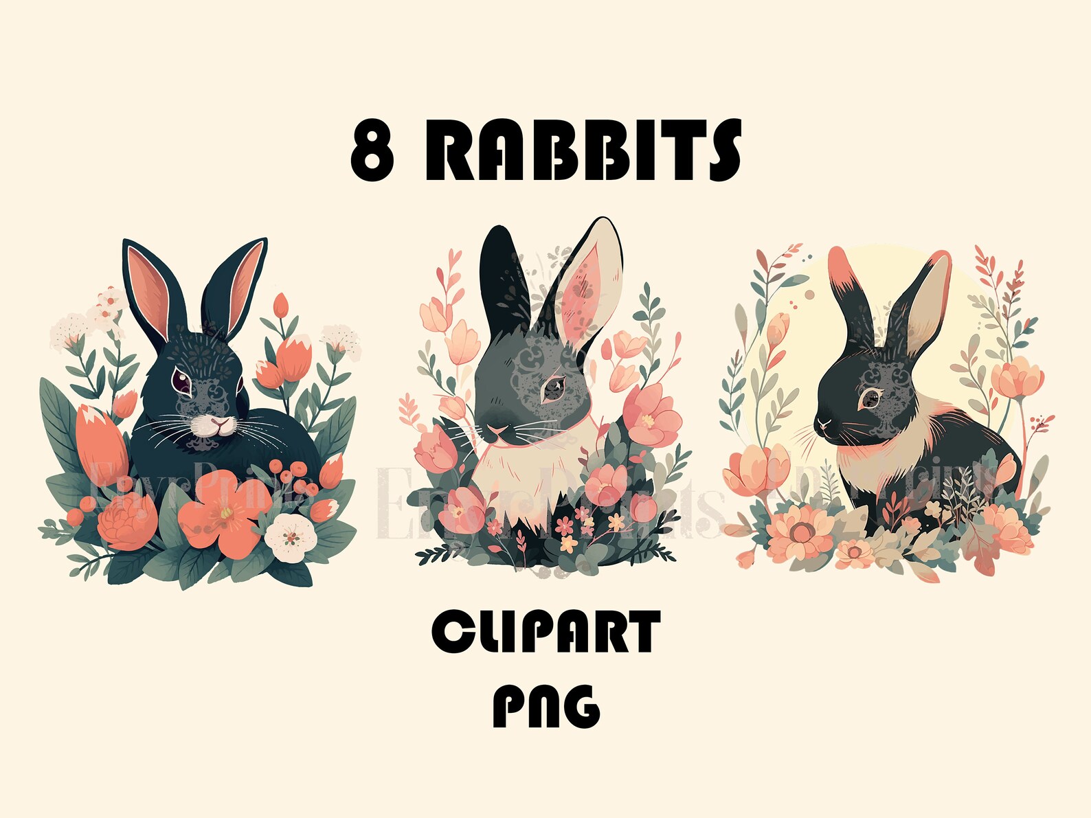 Eight Rabbits and Flowers Clipart Bundle PNG Cute Botanical Bunnies ...