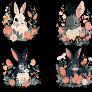 Eight Rabbits and Flowers Clipart Bundle PNG Cute Botanical Bunnies ...
