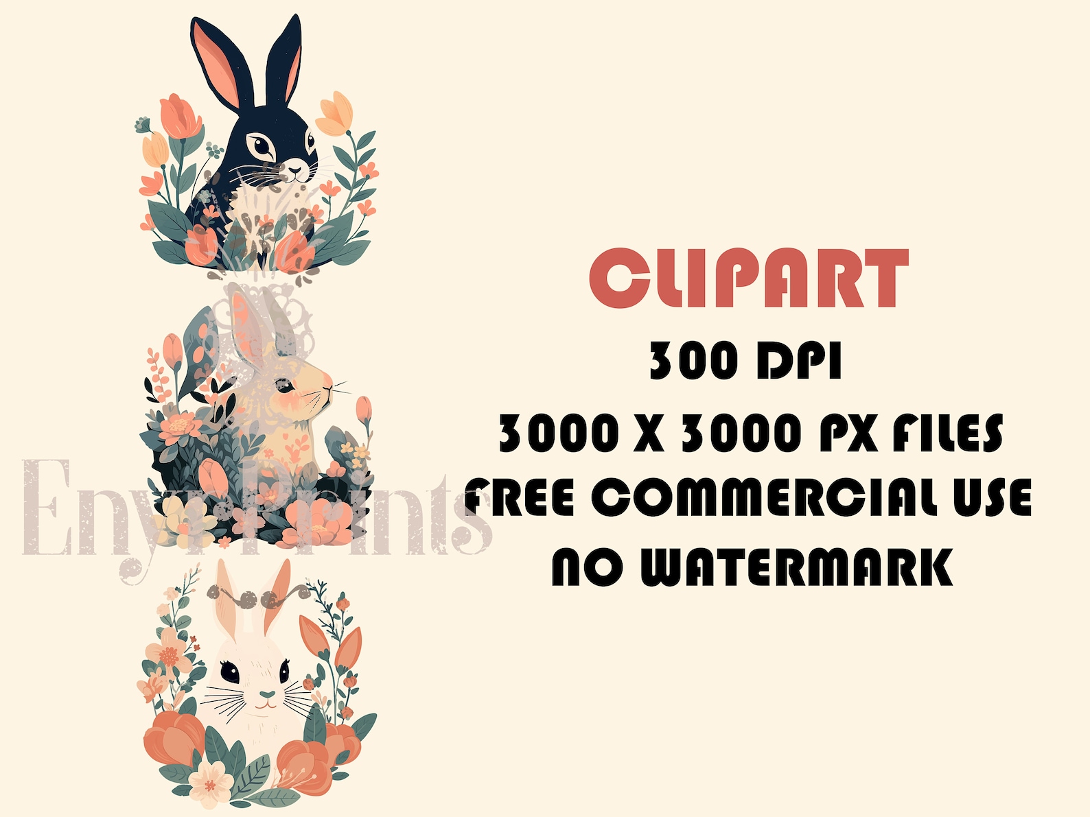 Eight Rabbits and Flowers Clipart Bundle PNG Cute Botanical Bunnies ...
