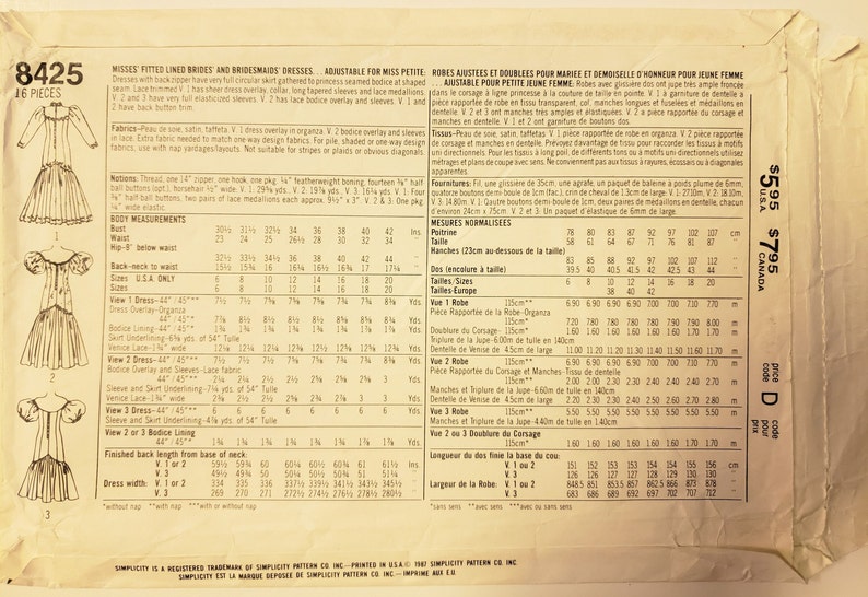 1980s Mermaid Style Wedding Dress W/ Puff Sleeves and Sweetheart Neckline bust 36 Simplicity ...