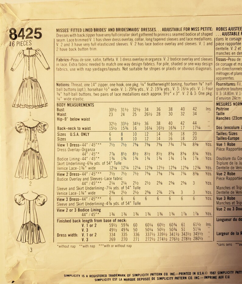 1980s Mermaid Style Wedding Dress W/ Puff Sleeves and Sweetheart Neckline bust 36 Simplicity ...