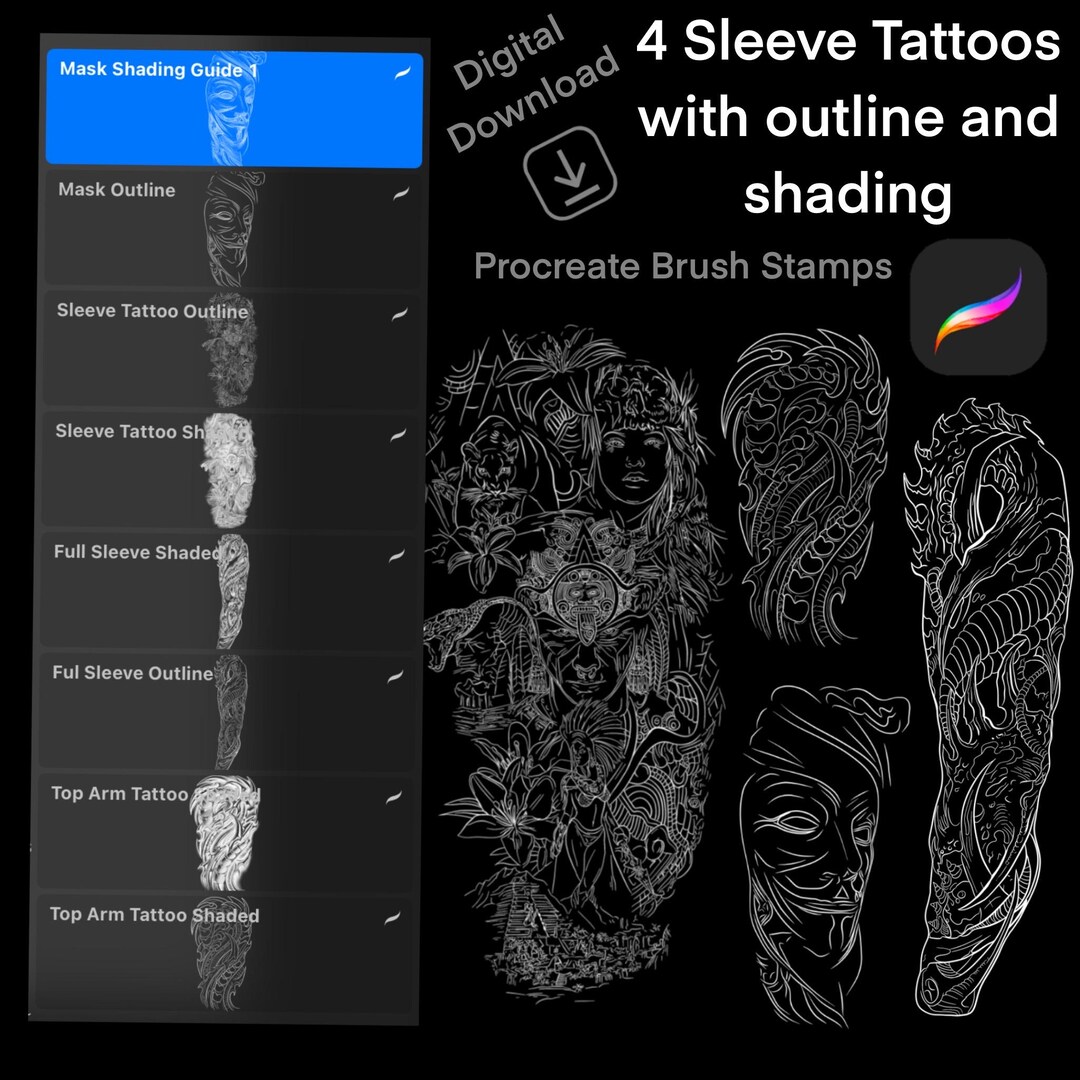 Procreate Brushset Stamps - Sleeve Tattoos Outline Shaded Stencils ...