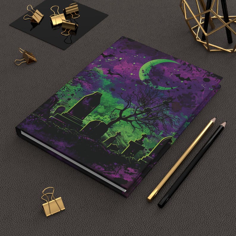 Halloween Graveyard Notebook | Neon Green Crescent Moon, Witchy Journal ...