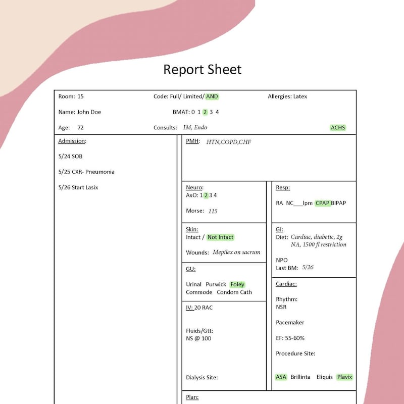 Pcu Nurse Report Sheet - Etsy
