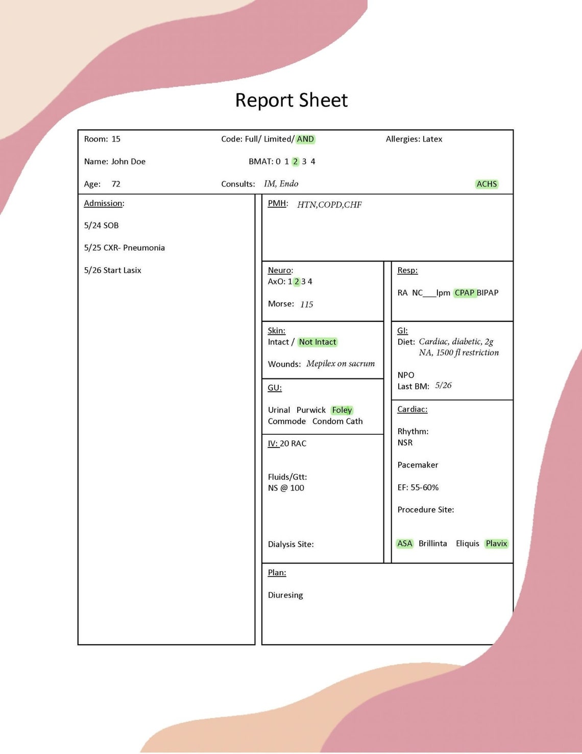 Cardiac Nursing Report Sheet - Etsy