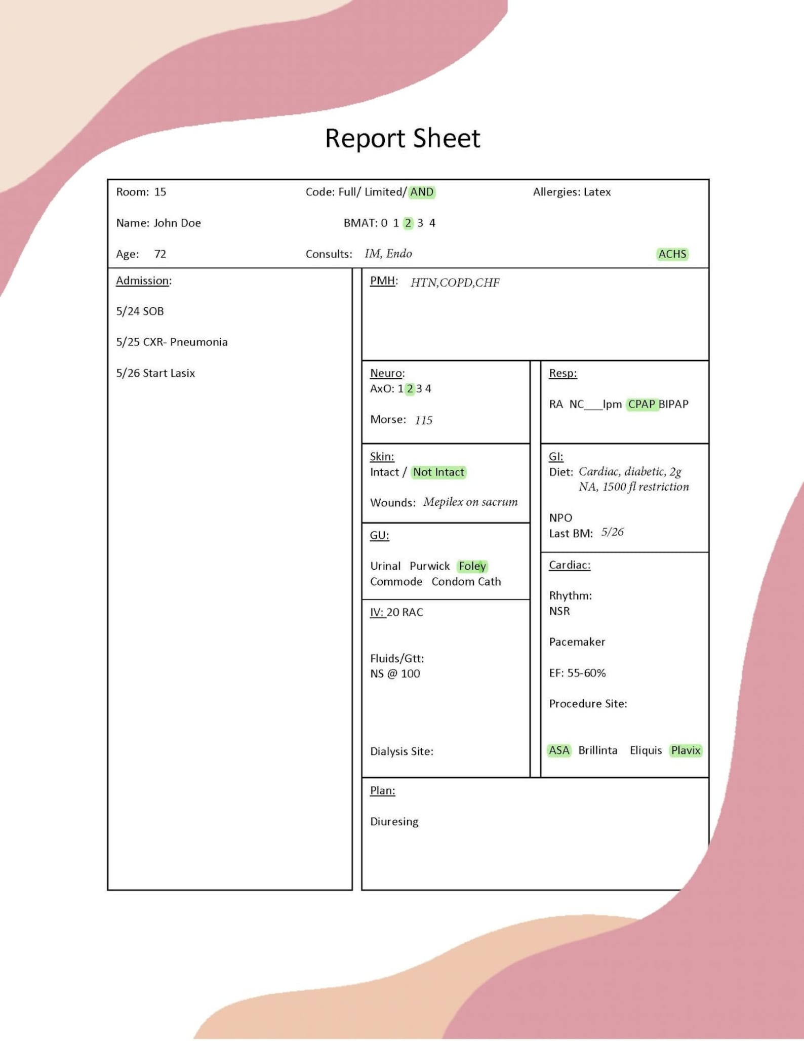 Cardiac Nursing Report Sheet - Etsy