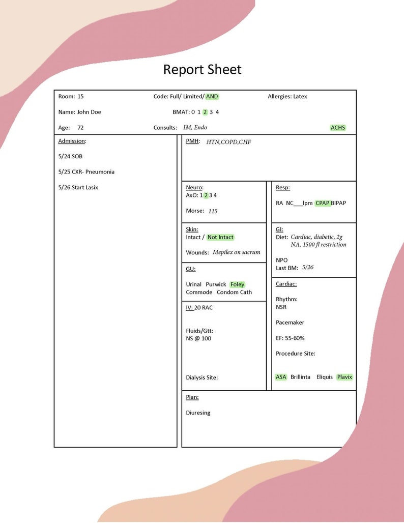Cardiac Nursing Report Sheet - Etsy