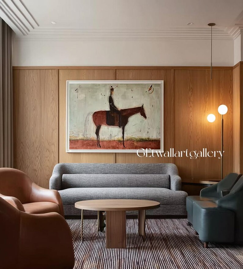 Green Wall Art: Abstract Horse Rider Oil Painting Figure Canvas for ...