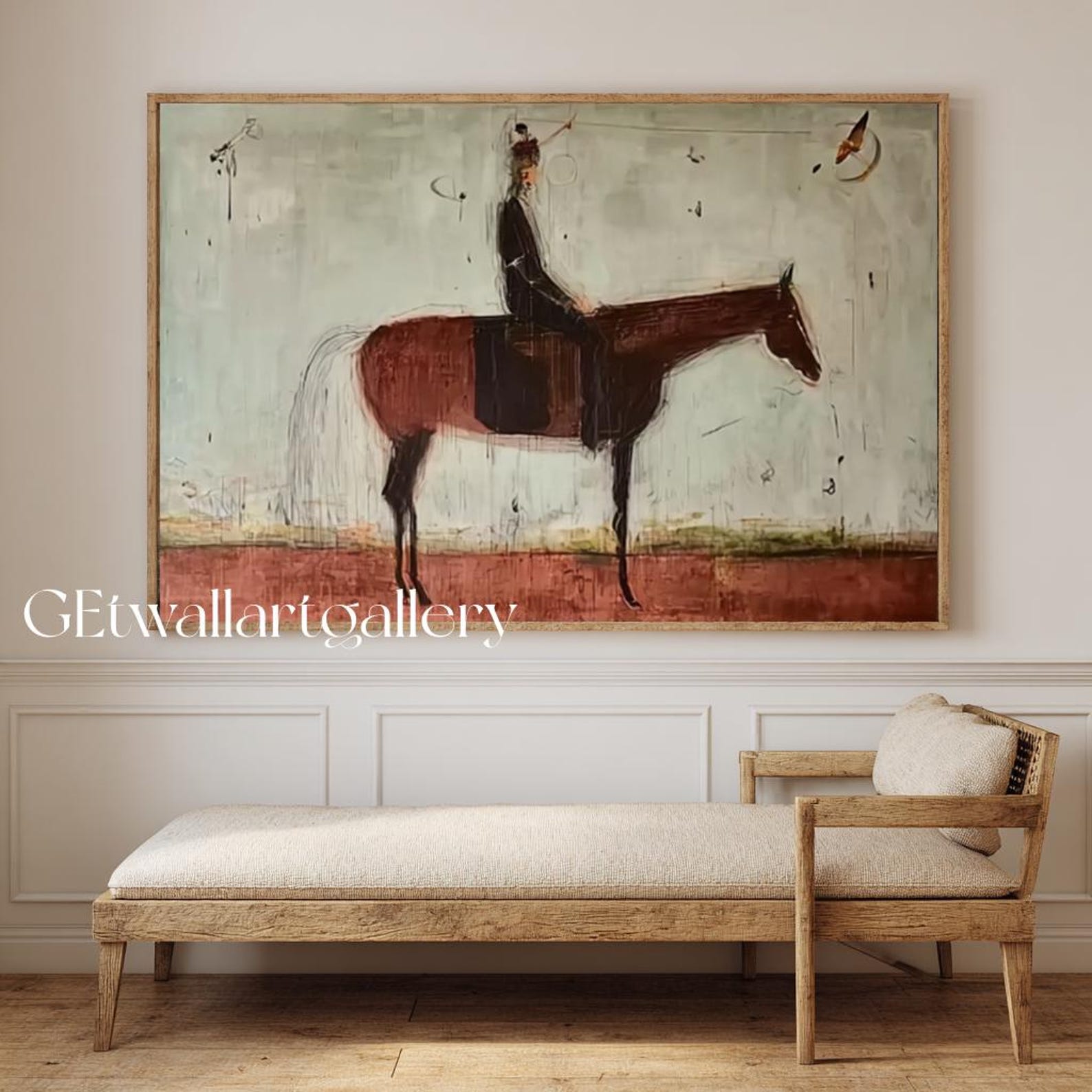 Green Wall Art: Abstract Horse Rider Oil Painting Figure Canvas for ...