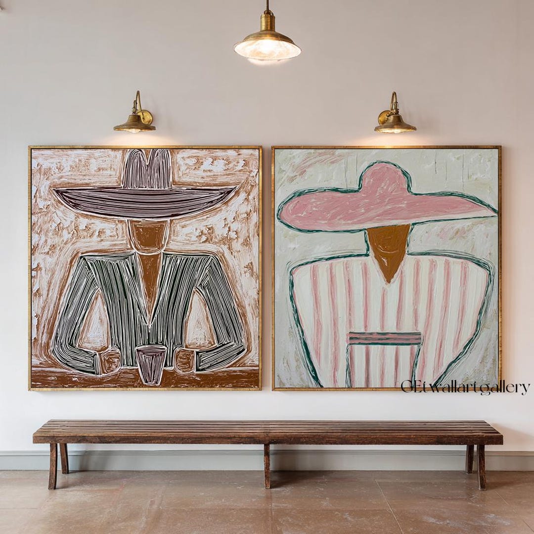 Set of 2 Western Cowboy Oil Painting Set of 2 Abstract Man and Woman ...