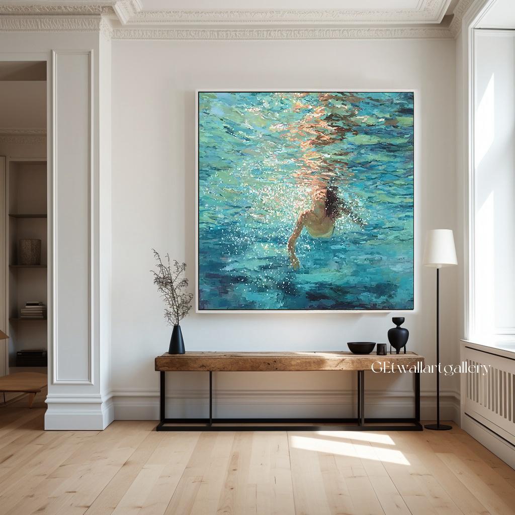 Diving Oil Painting Diving Wall Art Swimming Girl Painting Blue ...