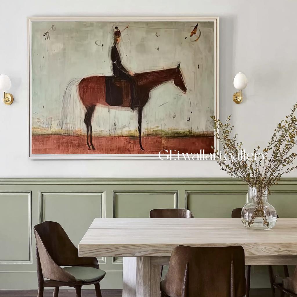 Green Wall Art: Abstract Horse Rider Oil Painting Figure Canvas for ...