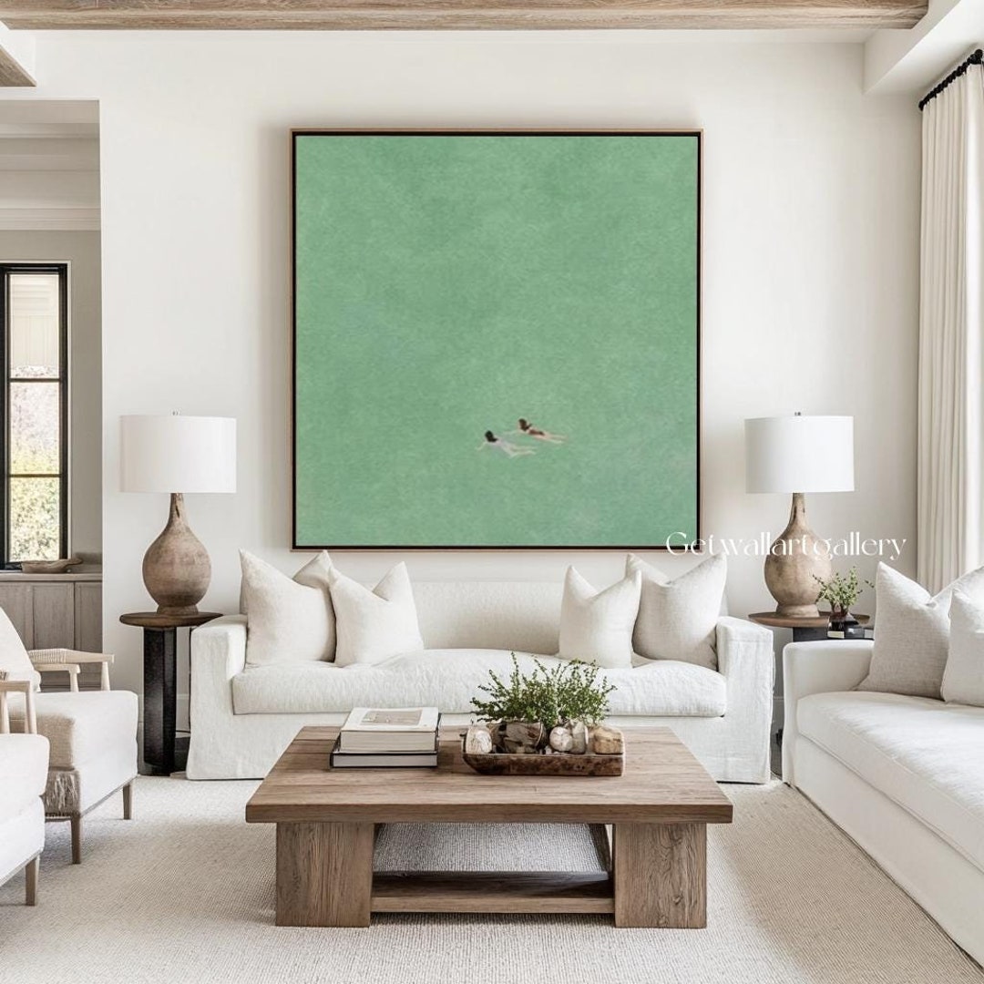 Oversized Green Wall Art Two Girls Swimming Wall Art Sagegreen Wall Art ...