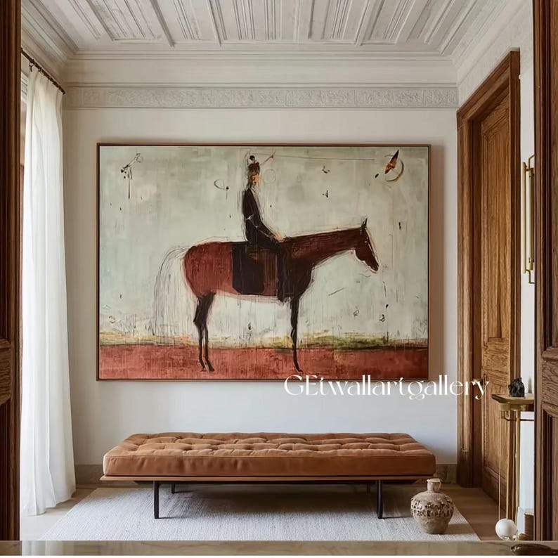 Green Wall Art: Abstract Horse Rider Oil Painting Figure Canvas for ...