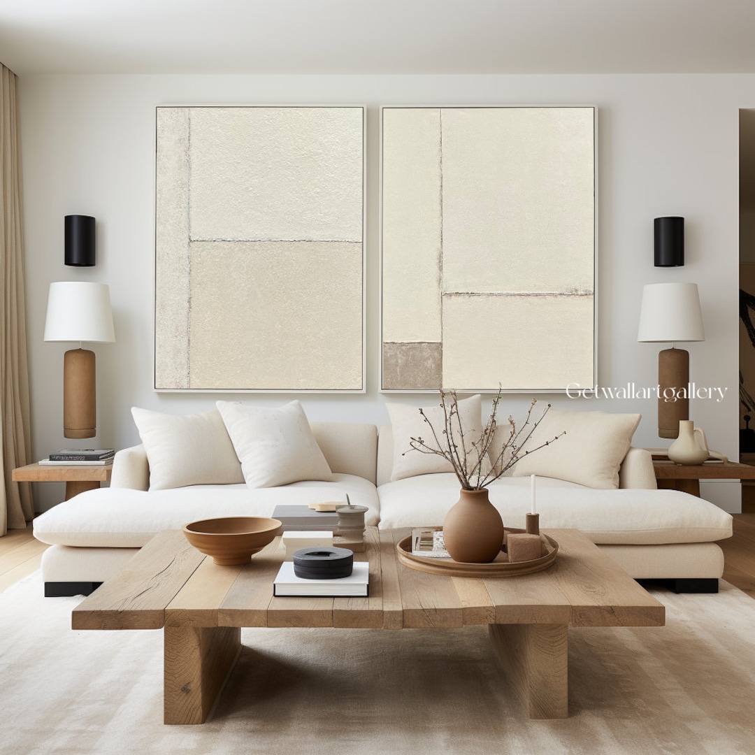 Set of 2 Beige Wall Art Set of 2 Pure Beige Canvas Wall Art for ...