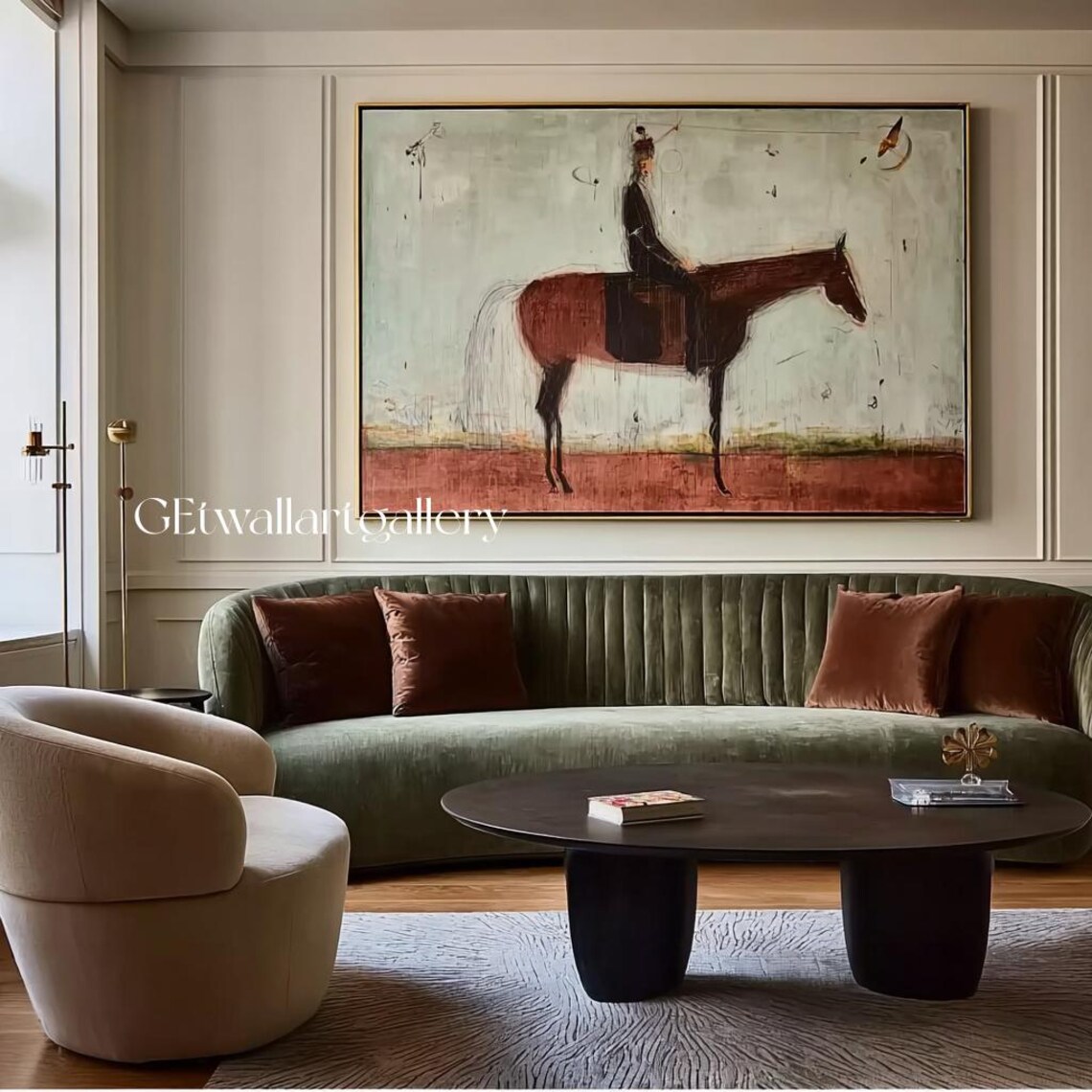 Green Wall Art: Abstract Horse Rider Oil Painting Figure Canvas for ...