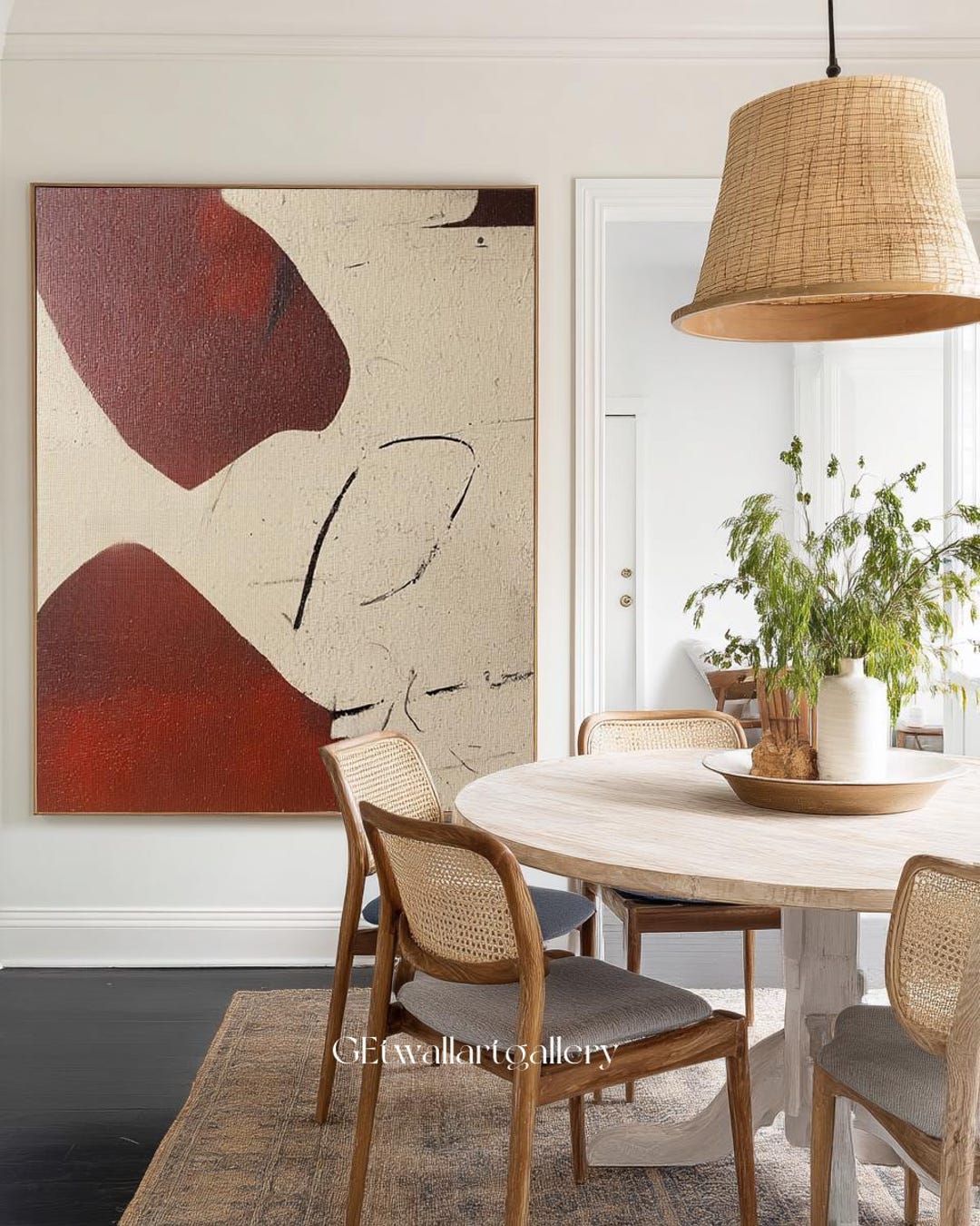 Japandi Red Textured Wall Art Biege Canvas Wall Art Minimal Black Line ...