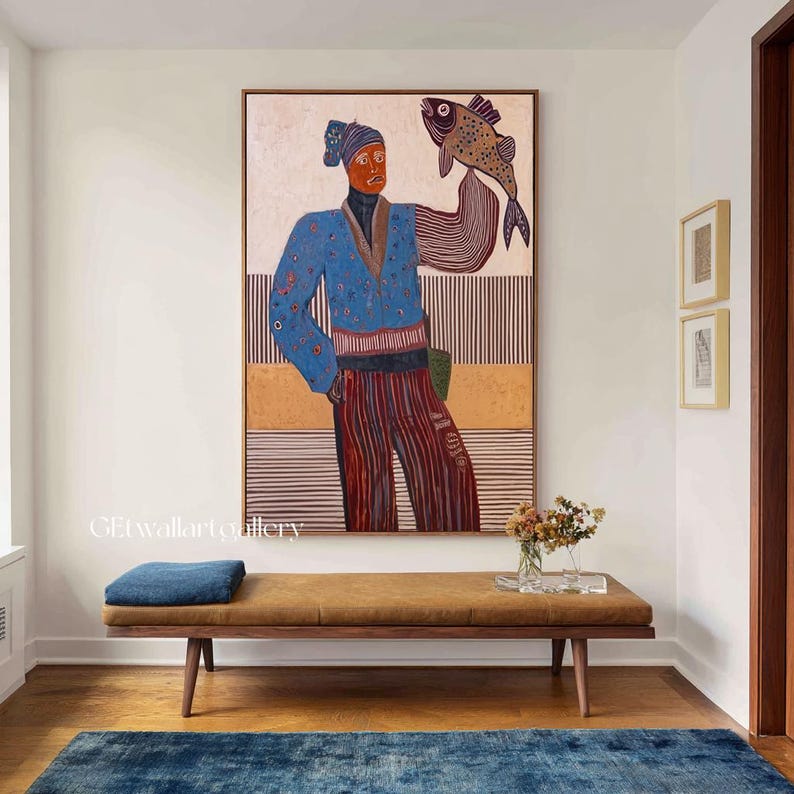 Abstract Man Figural Wall Art for Home Decor A Fishing Man Wall ...