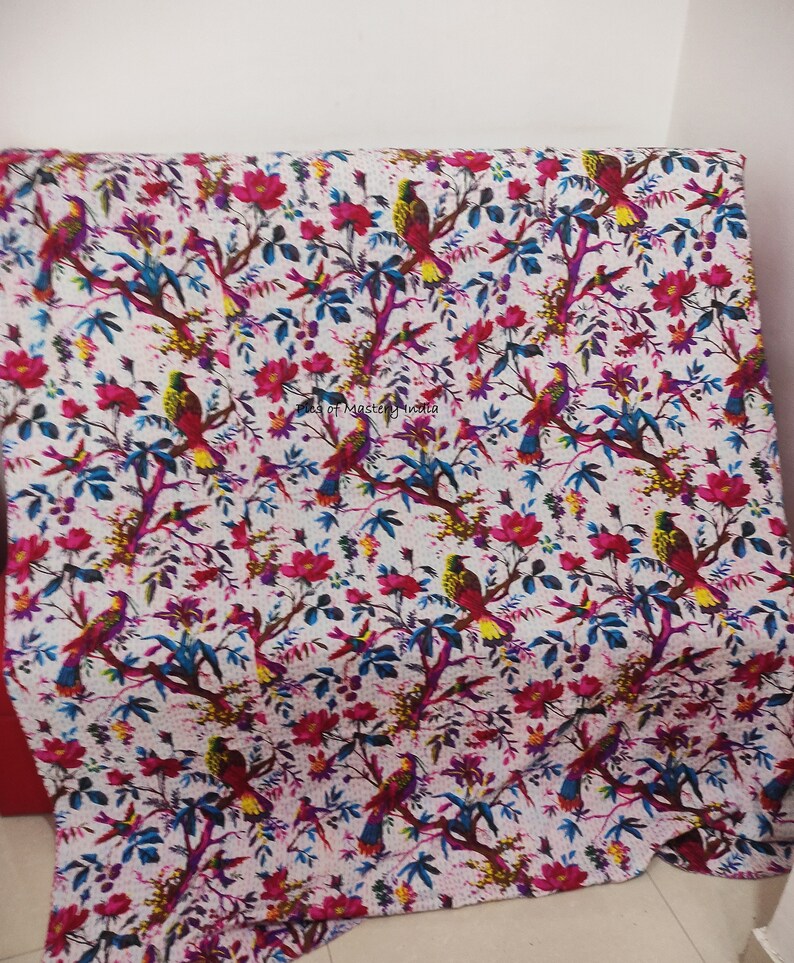 Handmade Floral Bird Cotton Kantha Quilt, Indian Bedspread - Etsy